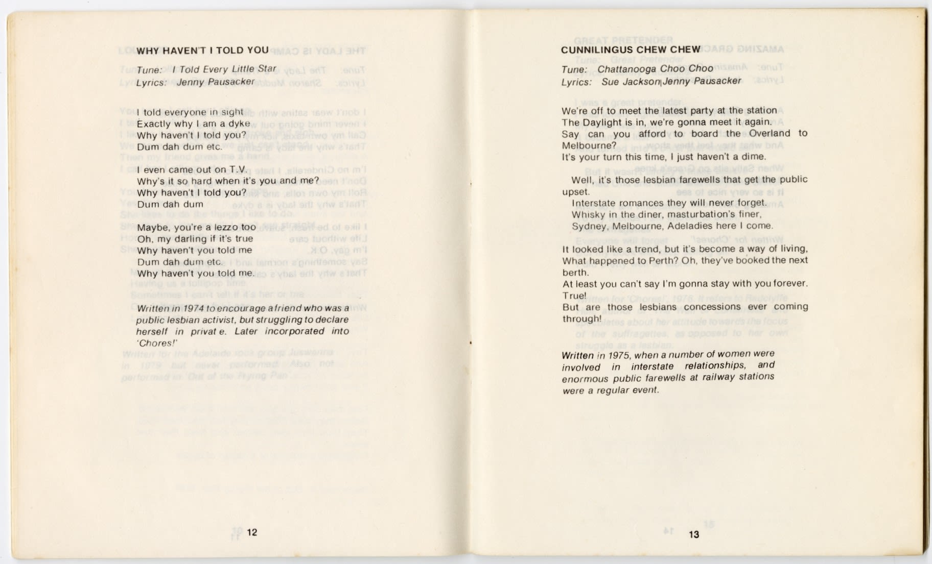 The open pages of a songbook. On the left is Why Haven’t I told You, sung to the tune of I Told ...